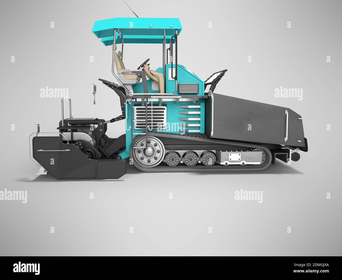 Turquoise asphalt spreader machine side view 3D rendering on gray ...