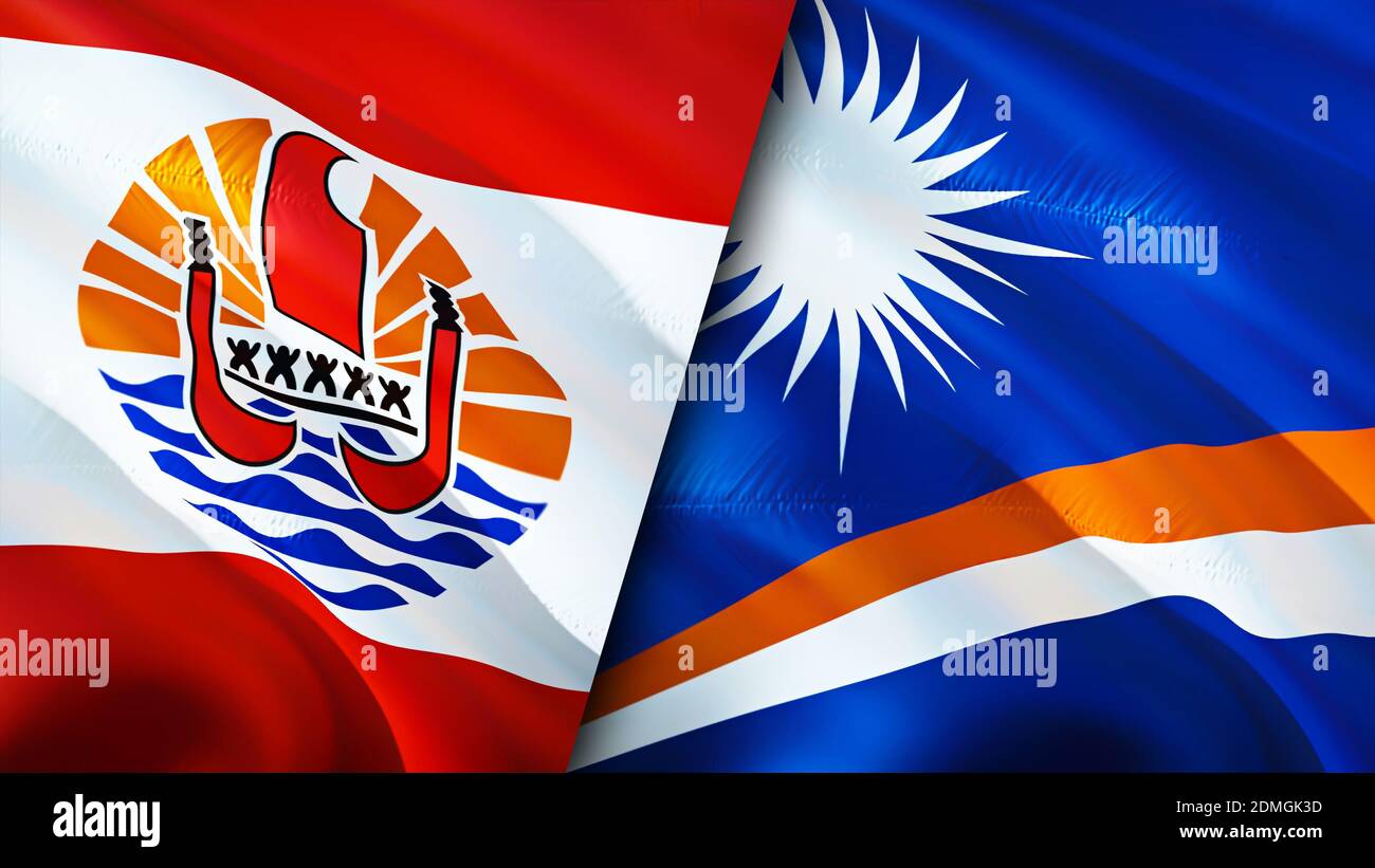 French Polynesia and Marshall Islands flags. 3D Waving flag design ...