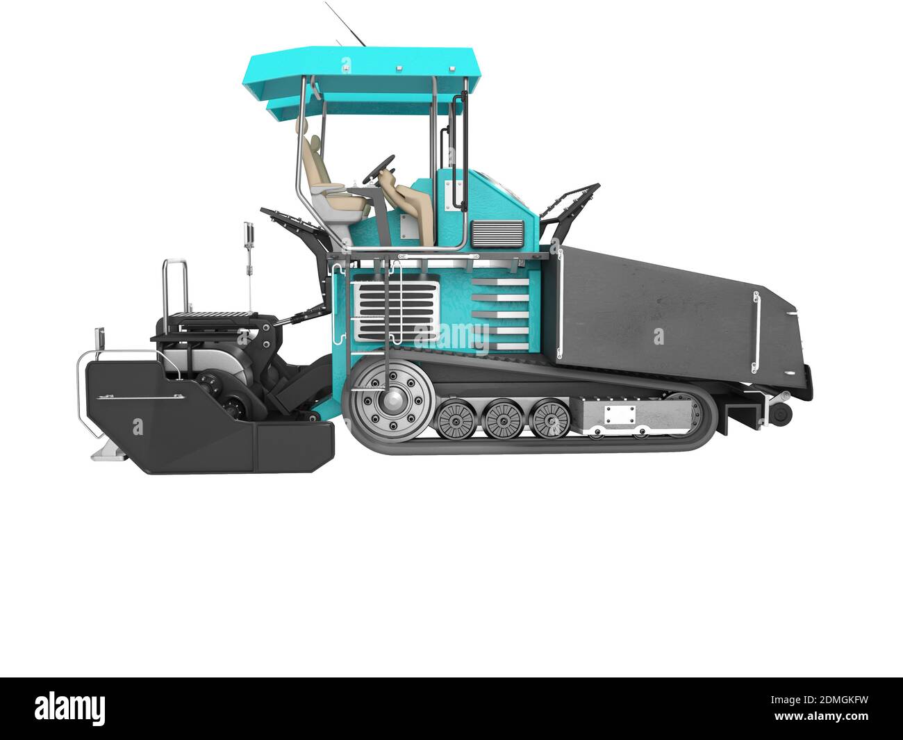 Turquoise asphalt spreader machine side view 3D rendering on white ...
