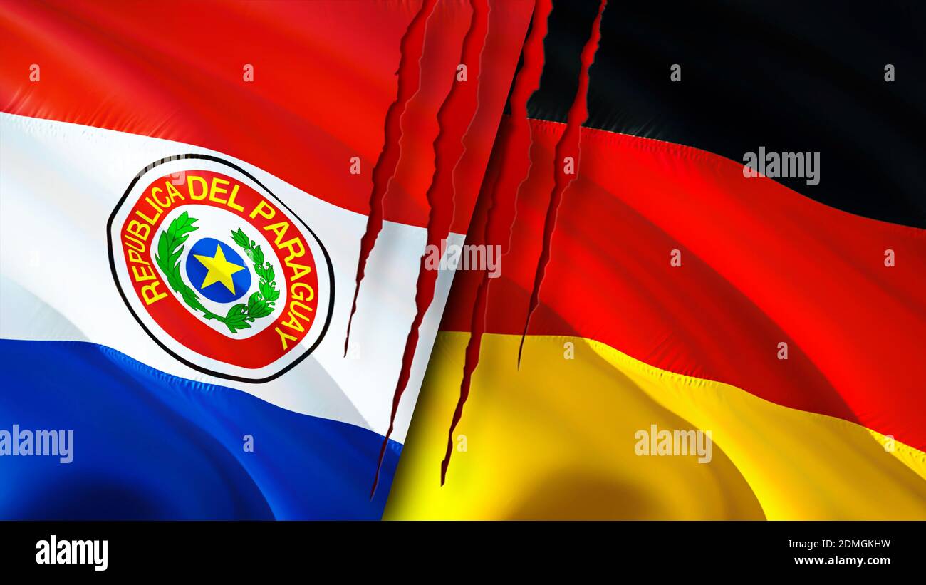 Paraguay and Germany flags with scar concept. Waving flag,3D rendering ...