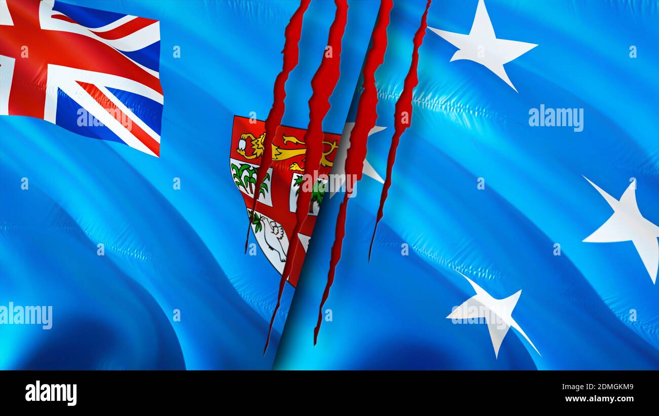 Fiji and Micronesia flags with scar concept. Waving flag,3D rendering ...