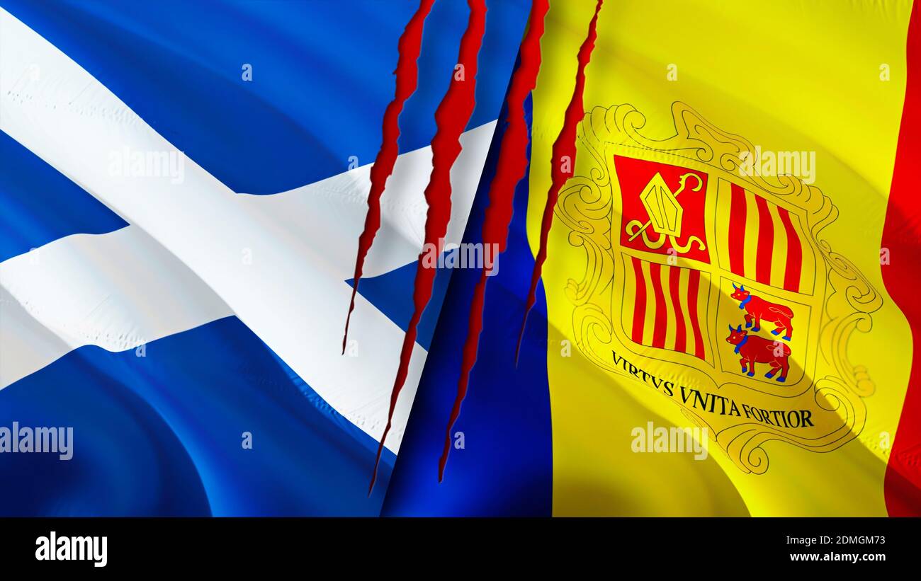 Scotland and Andorra flags with scar concept. Waving flag,3D rendering ...