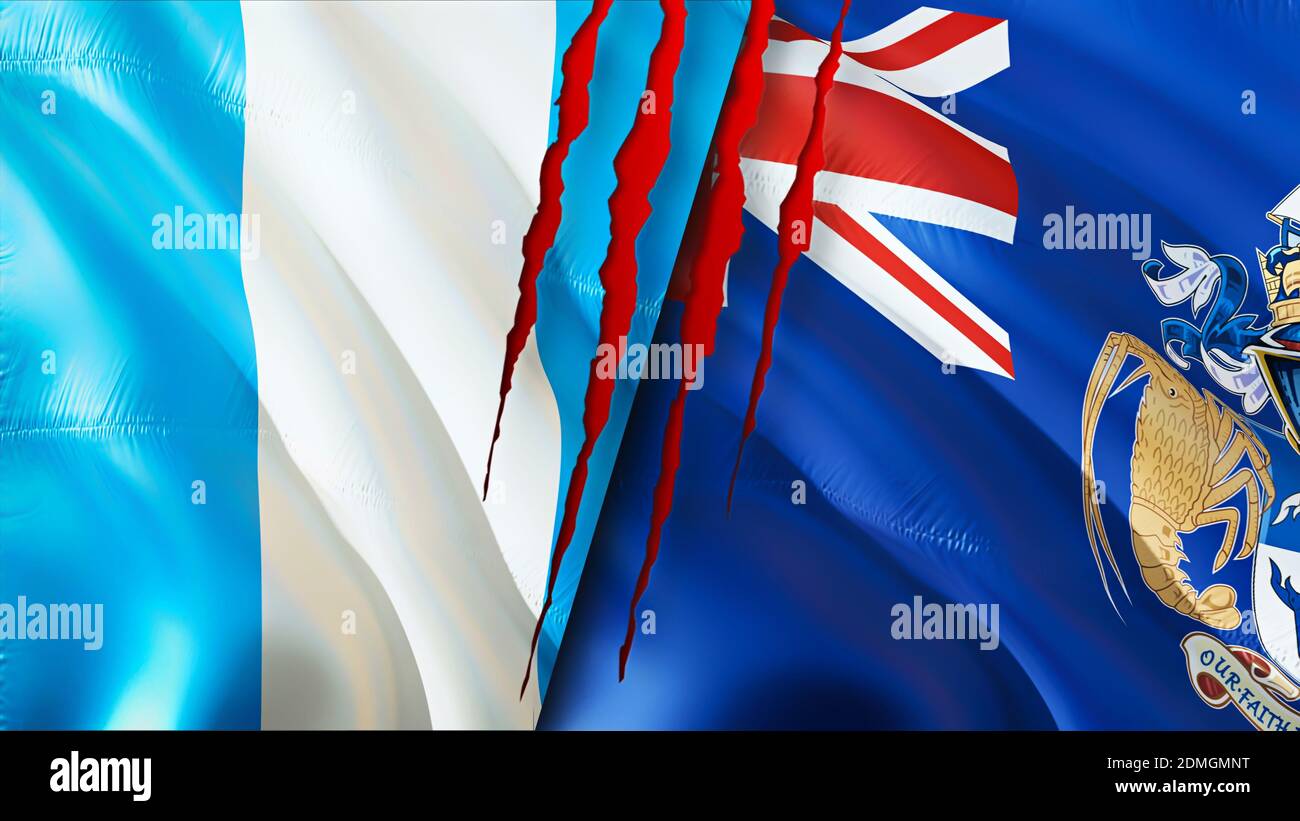 Guatemala and Tristan da Cunha flags with scar concept. Waving flag 3D ...