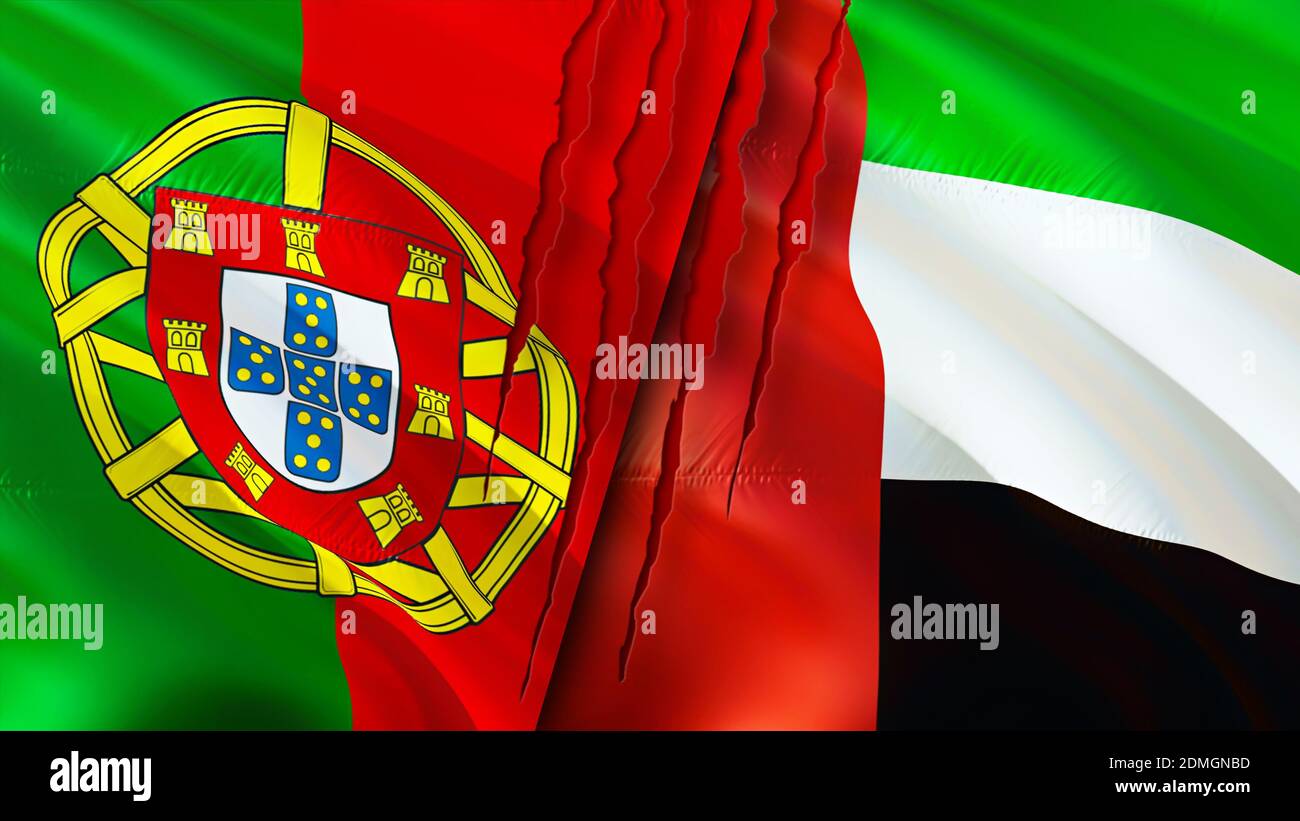 Portugal and United Arab Emirates flags with scar concept. Waving flag ...