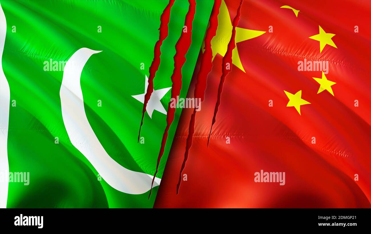 Pakistan and China flags with scar concept. Waving flag,3D rendering ...