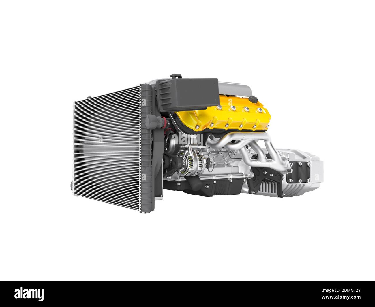 Yellow engine for car assembly with gearbox rear view 3D render on ...