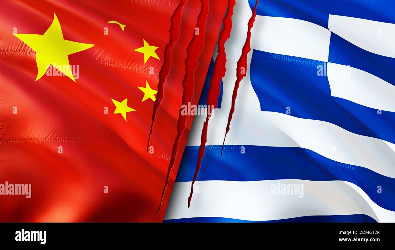 China and Greece flags with scar concept. Waving flag,3D rendering ...
