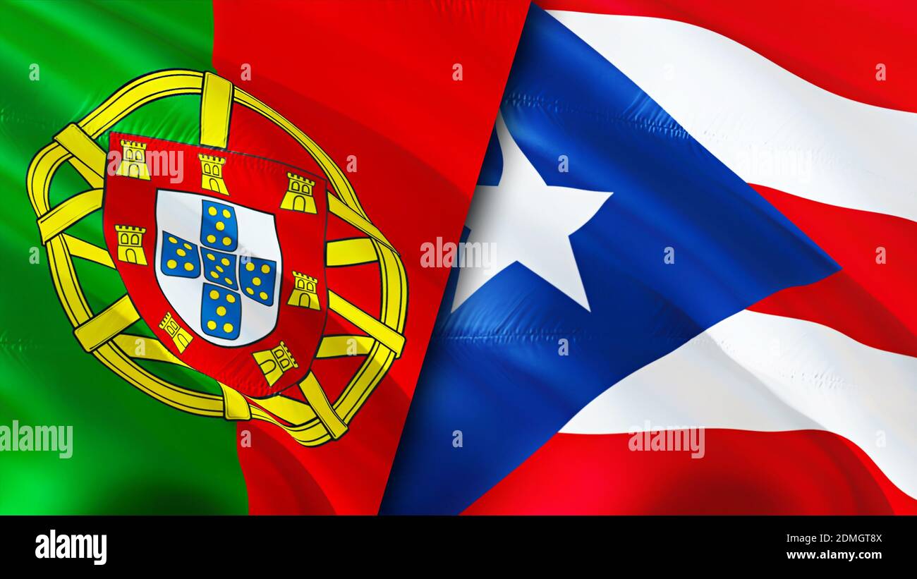 Portugal and Puerto Rico flags. 3D Waving flag design. Portugal Puerto ...