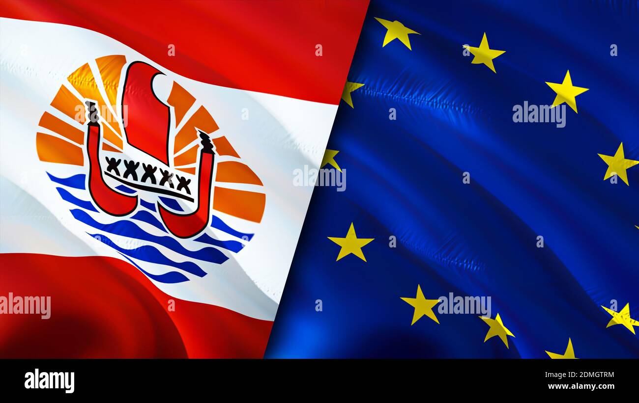 French Polynesia and European Union flags. 3D Waving flag design ...