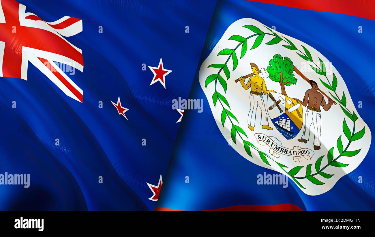New Zealand and Belize flags. 3D Waving flag design. New Zealand Belize ...