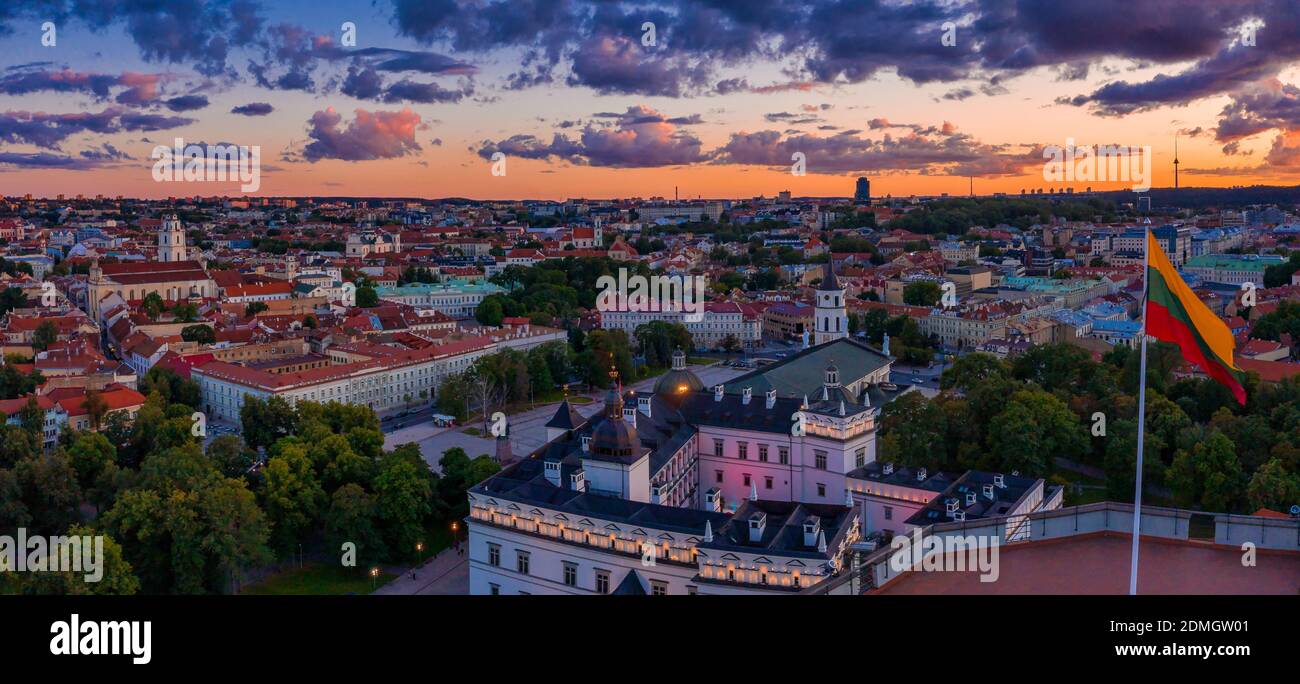 An aerial view of the Lithuanian flag over the old town of Vilnius at ...