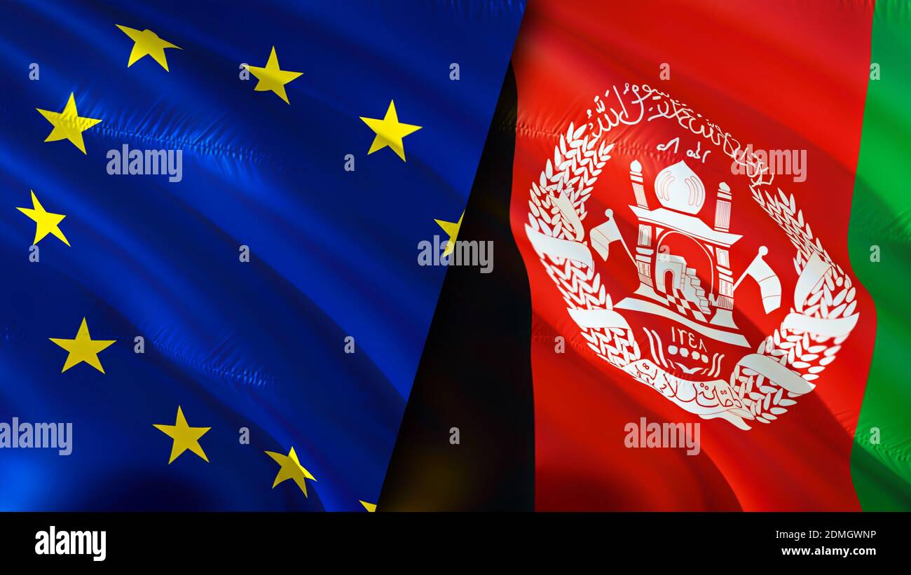 European Union and Afghanistan flags. 3D Waving flag design. European ...