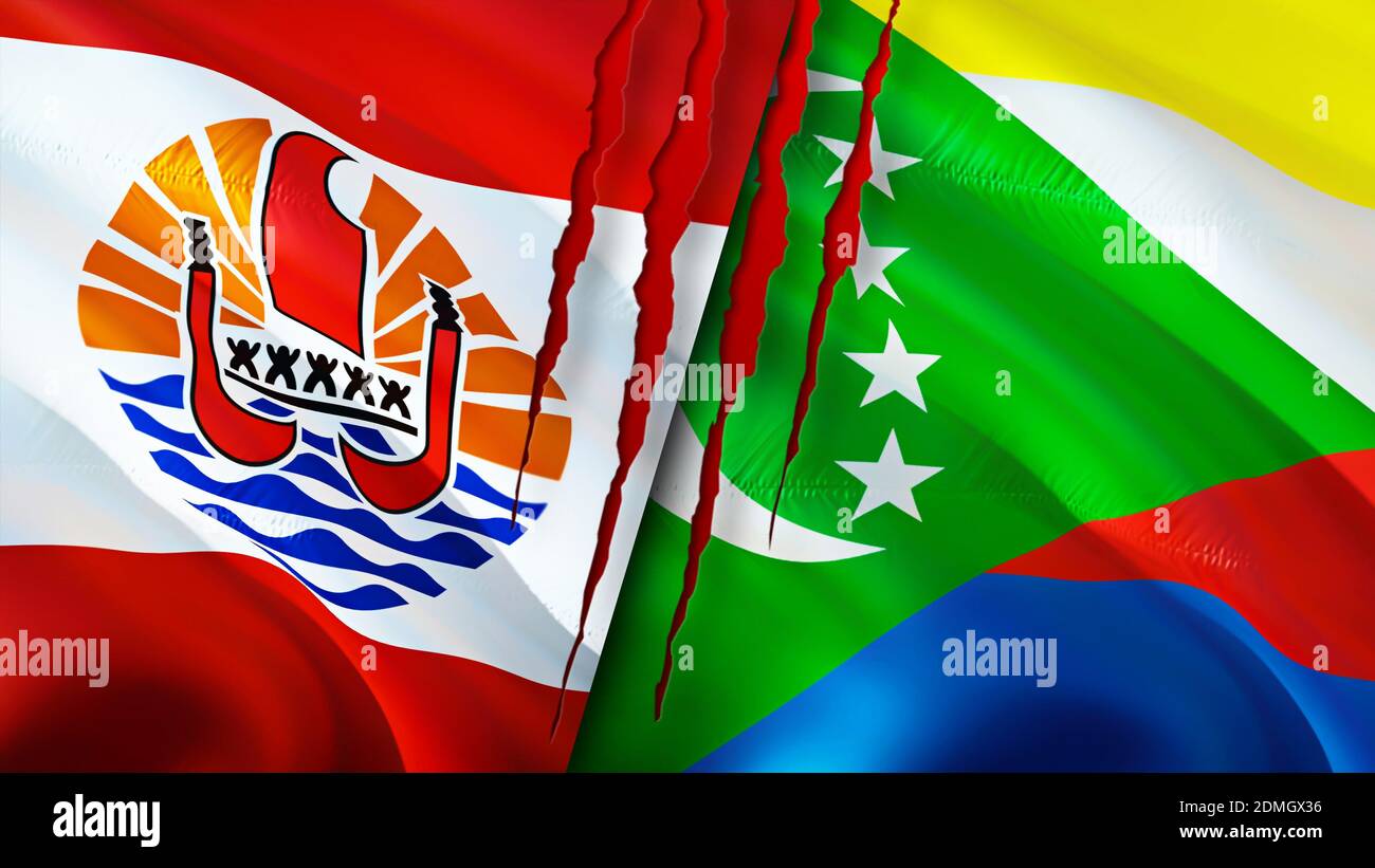 French Polynesia and Comoros flags with scar concept. Waving flag,3D ...