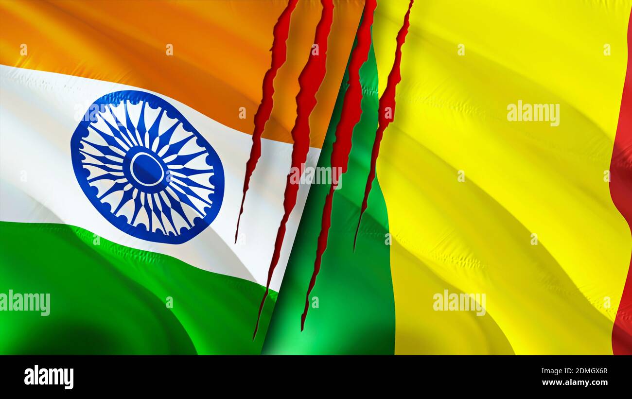 India and Mali flags with scar concept. Waving flag,3D rendering. India ...