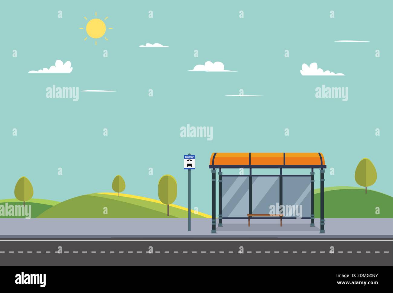 Bus stop on main street city.Public park with bench and bus stop with ...