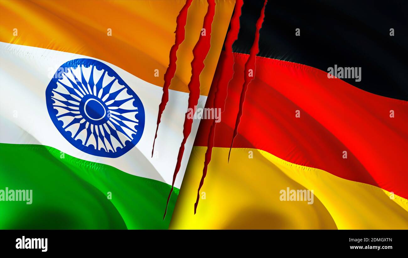 India and Germany flags with scar concept. Waving flag,3D rendering ...
