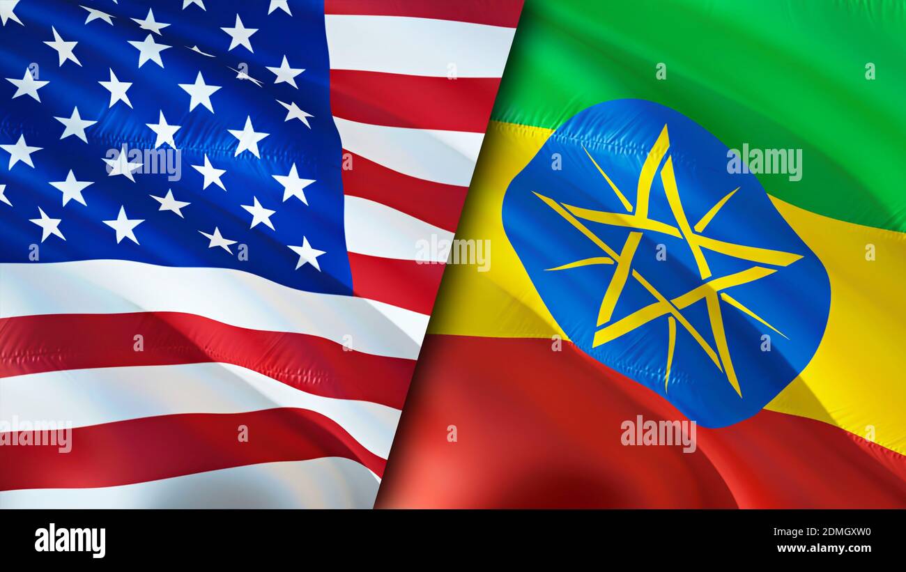 USA and Ethiopia flags. 3D Waving flag design. USA Ethiopia flag ...