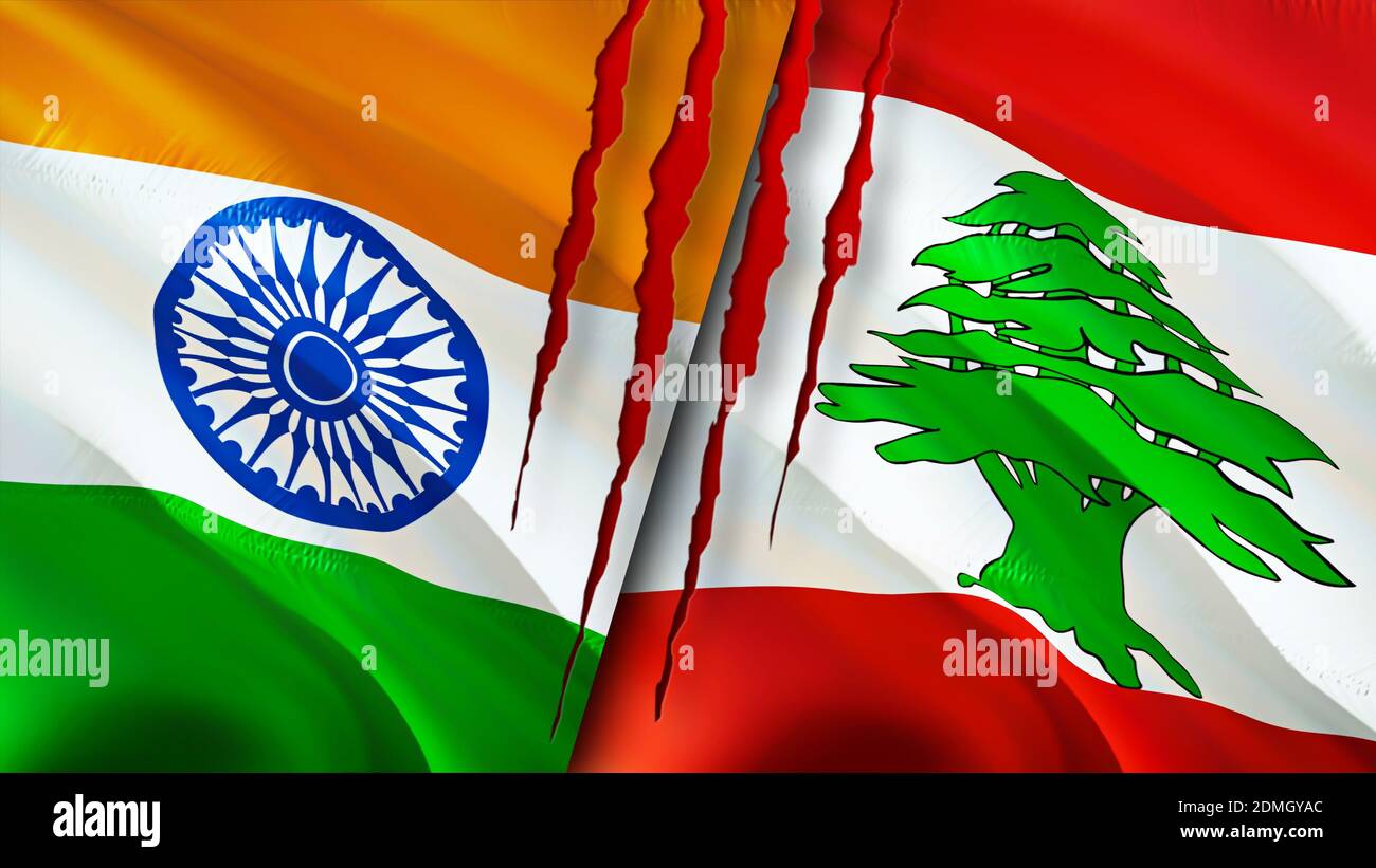 India and Lebanon flags with scar concept. Waving flag,3D rendering ...