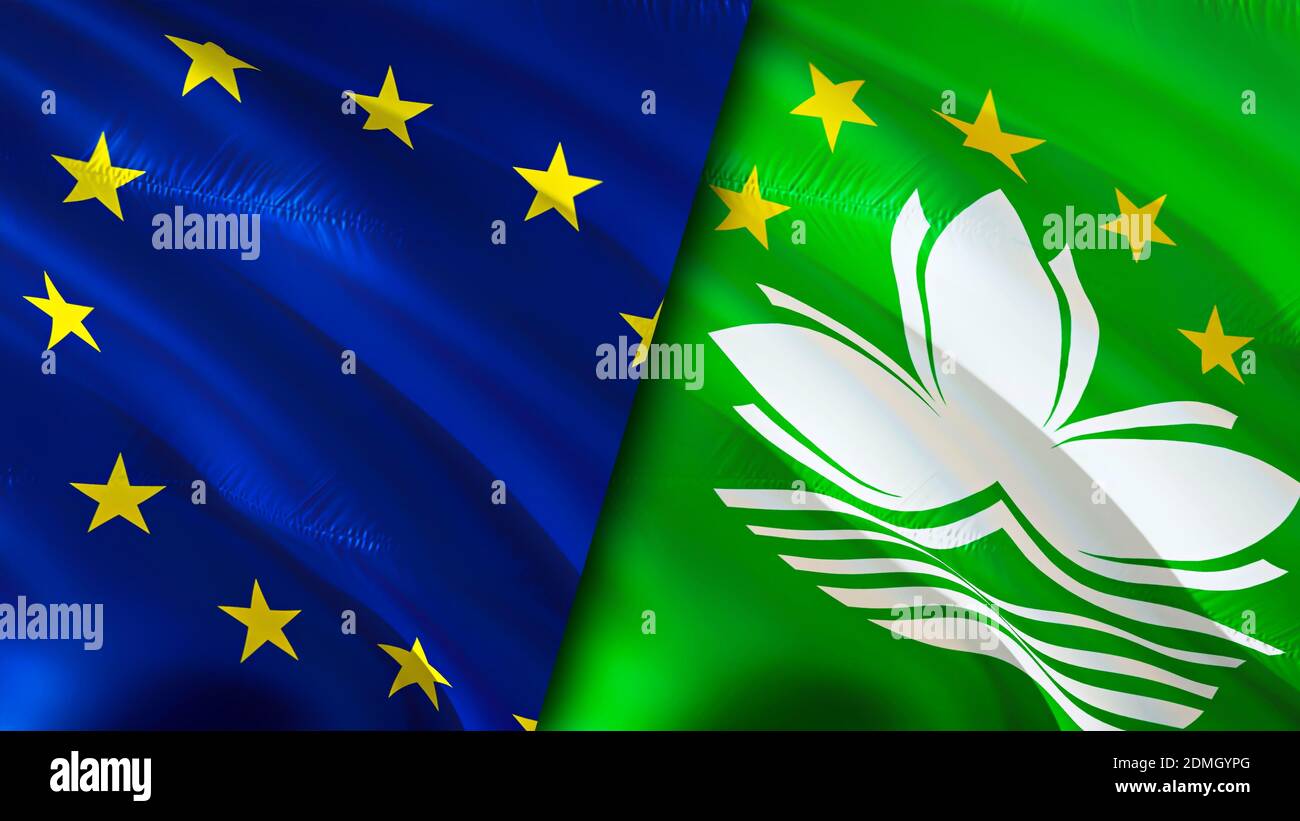 European Union and Macau flags. 3D Waving flag design. European Union ...