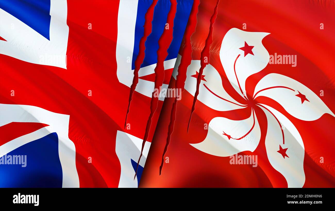 United Kingdom and Hong Kong flags with scar concept. Waving flag,3D ...