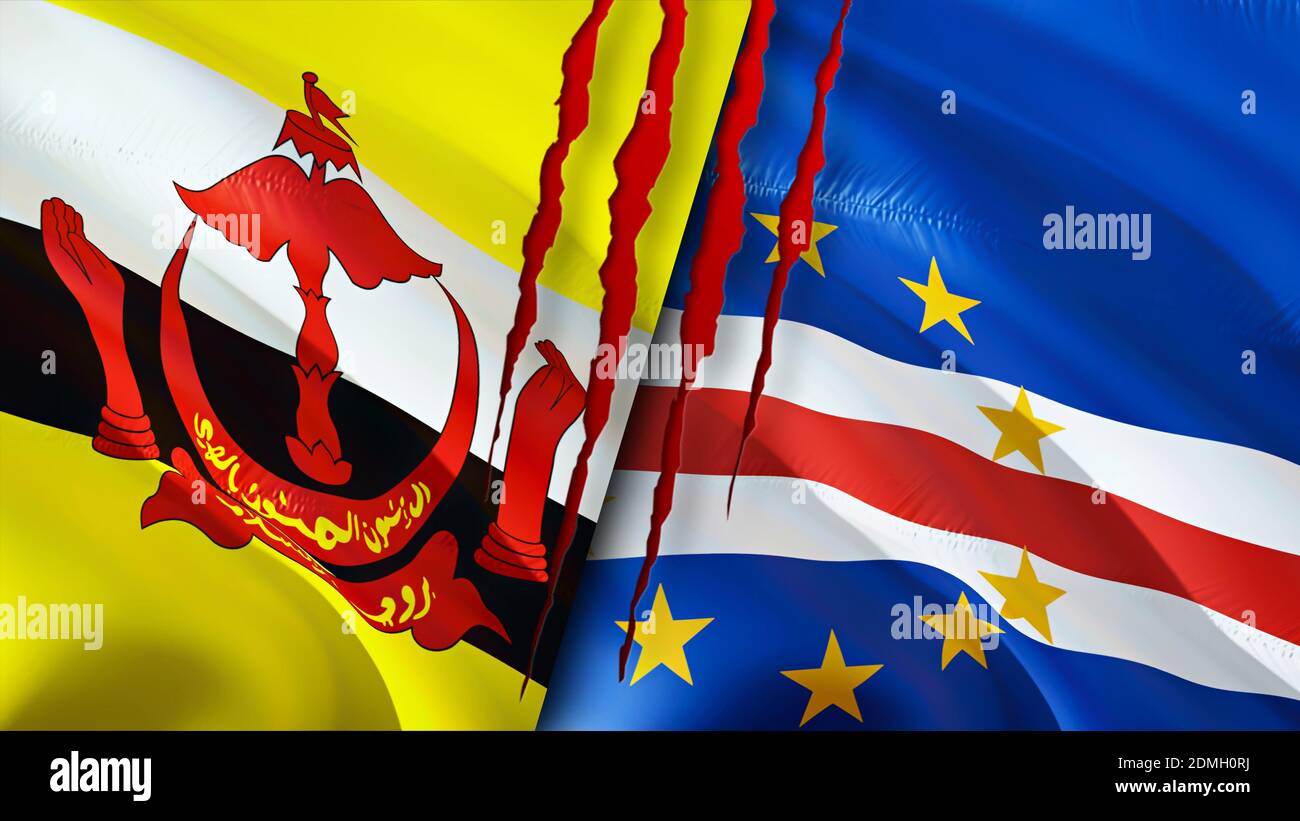 Brunei and Cape Verde flags with scar concept. Waving flag,3D rendering ...