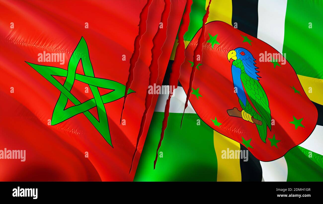 Morocco and Dominica flags with scar concept. Waving flag,3D rendering ...