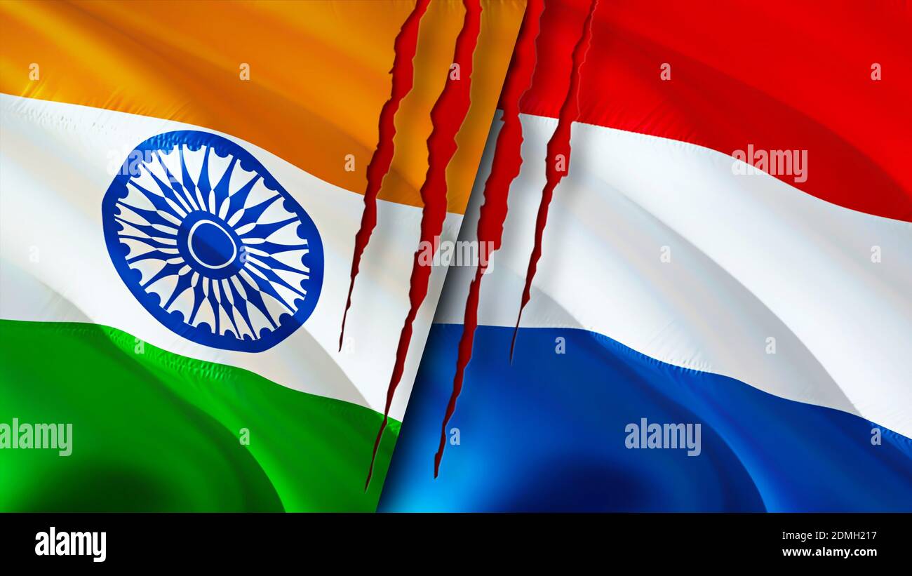 India and Netherlands flags with scar concept. Waving flag,3D rendering ...