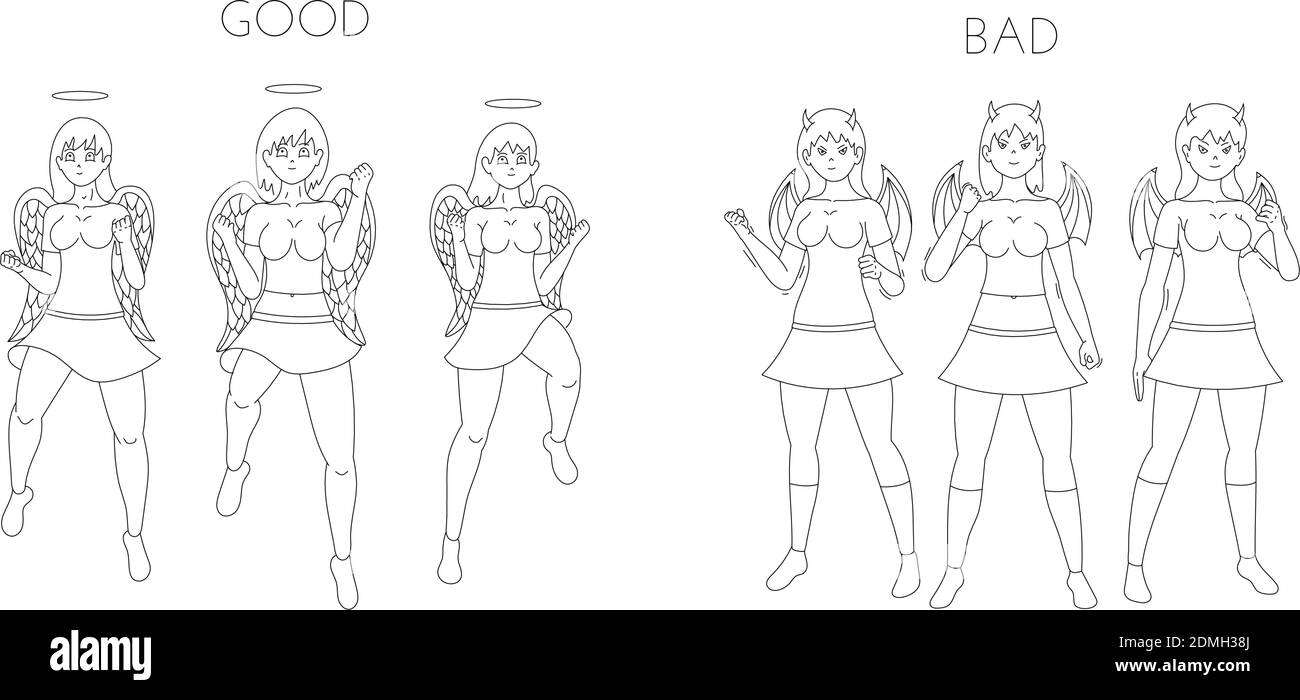 Angelic and devilish girls cartoon line art. Angels and demons female ...