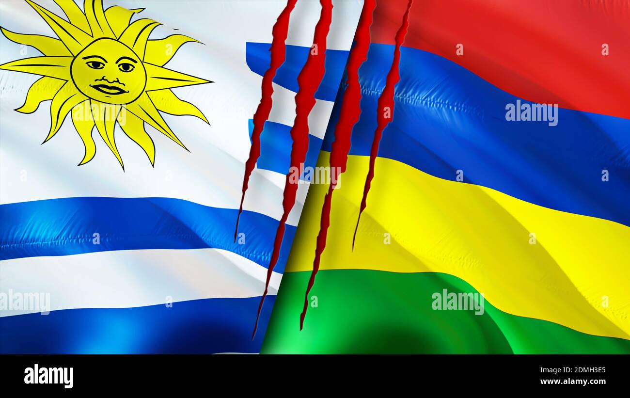 Uruguay and Mauritius flags with scar concept. Waving flag,3D rendering ...