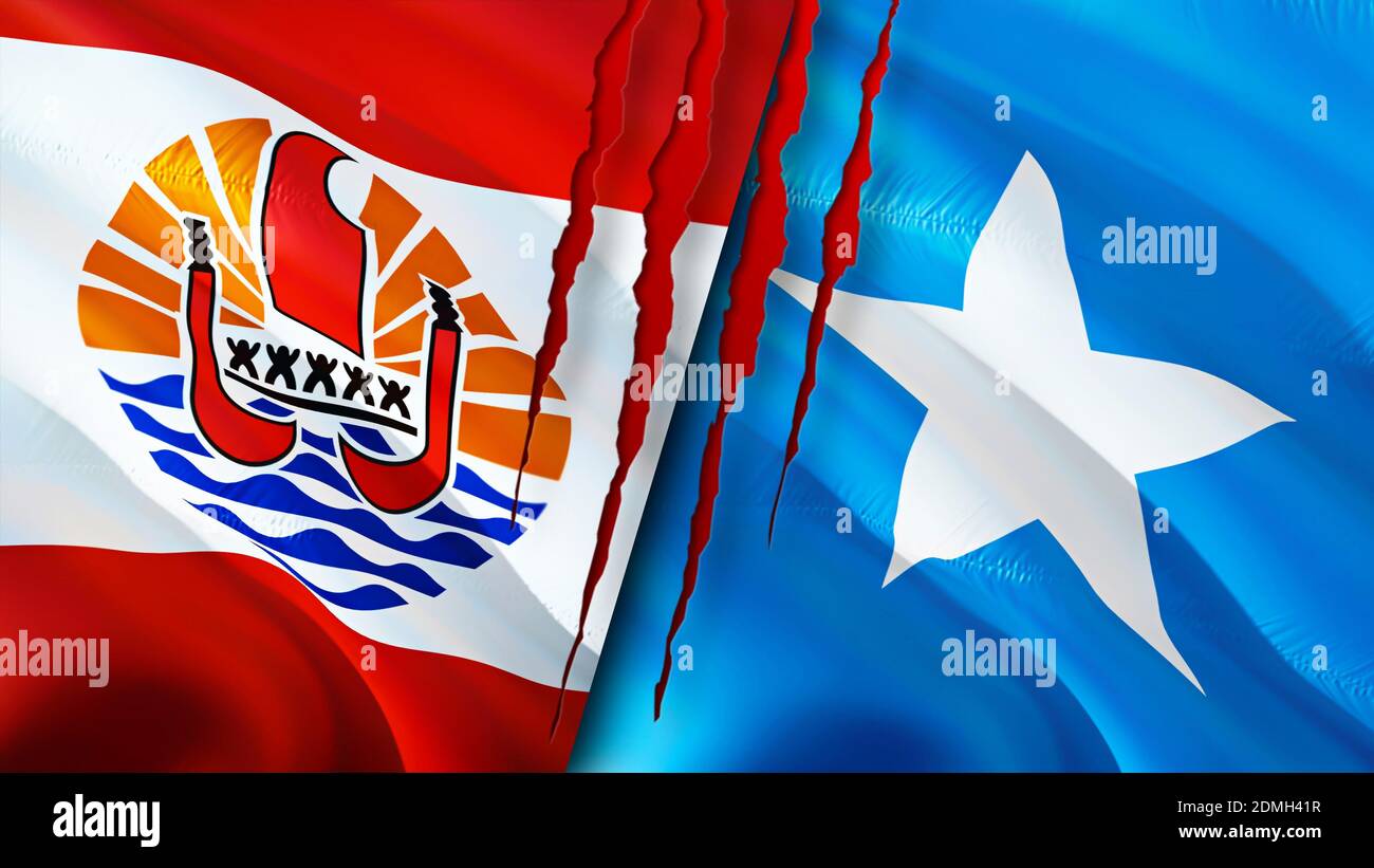 French Polynesia and Somalia flags with scar concept. Waving flag,3D ...