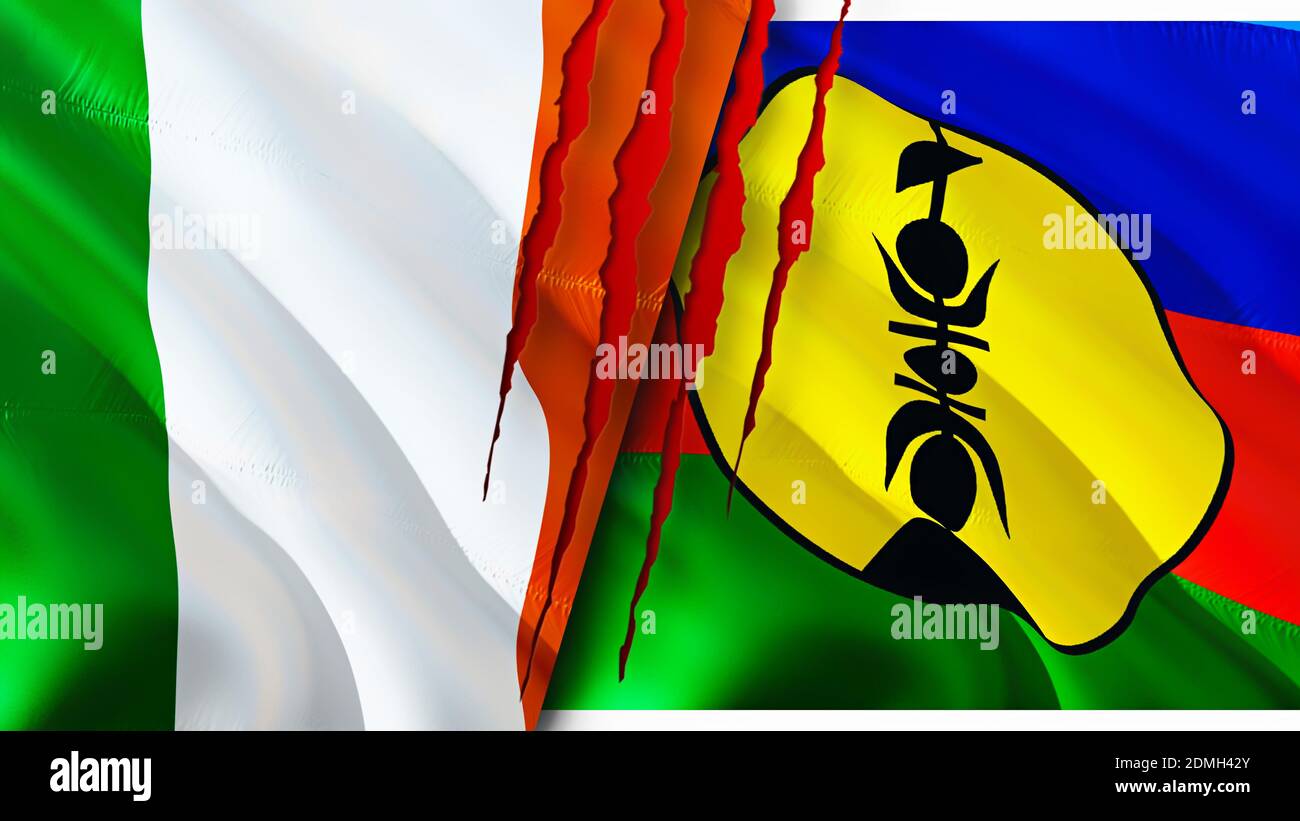 Ireland and New Caledonia flags with scar concept. Waving flag 3D ...