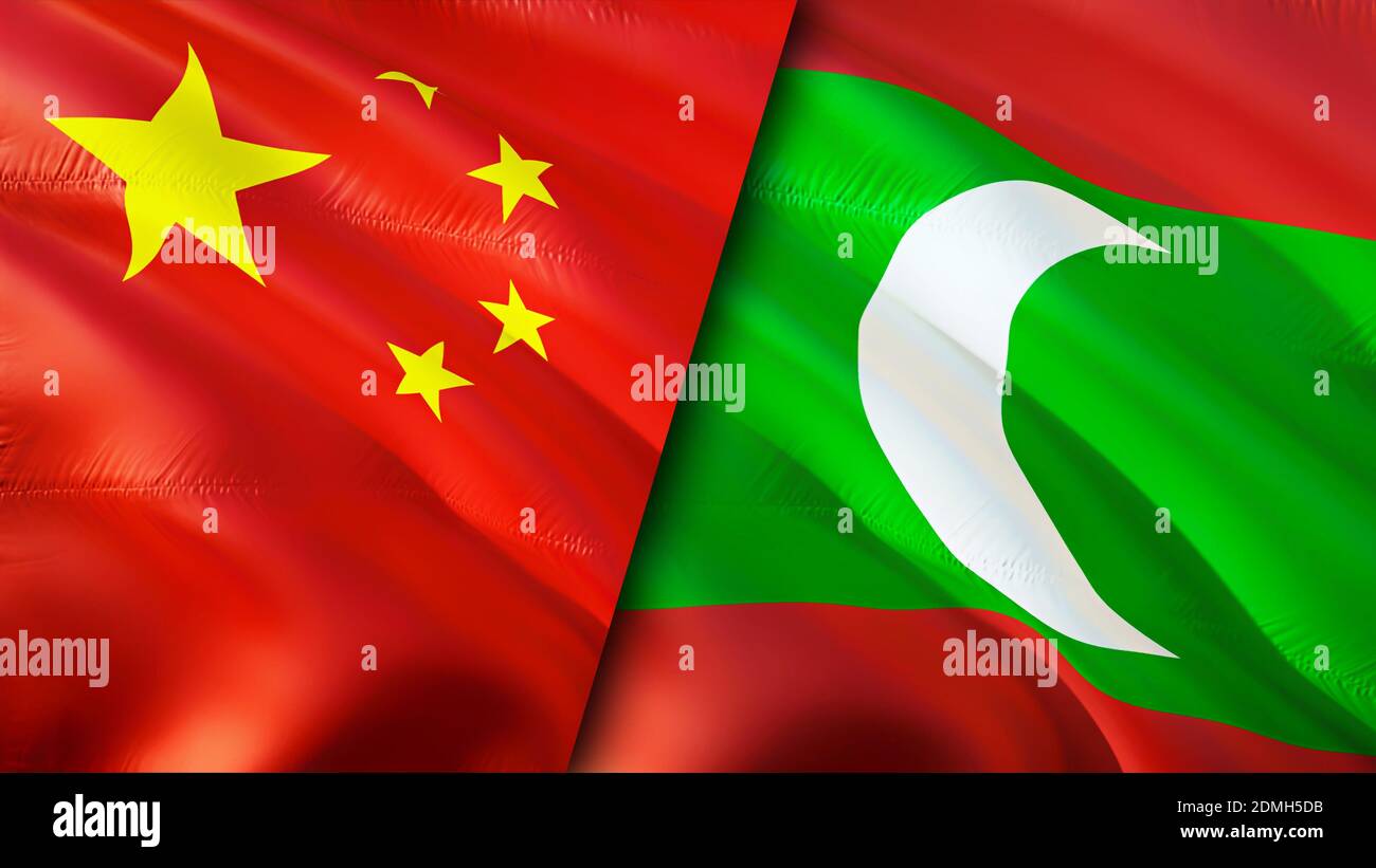 China and Maldives flags. 3D Waving flag design. China Maldives flag ...