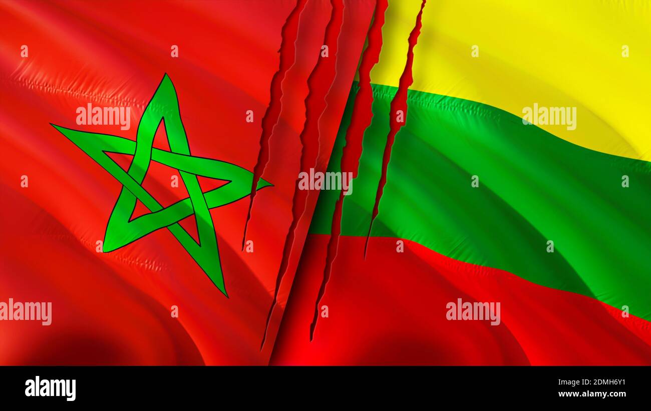 Morocco and Lithuania flags with scar concept. Waving flag,3D rendering ...