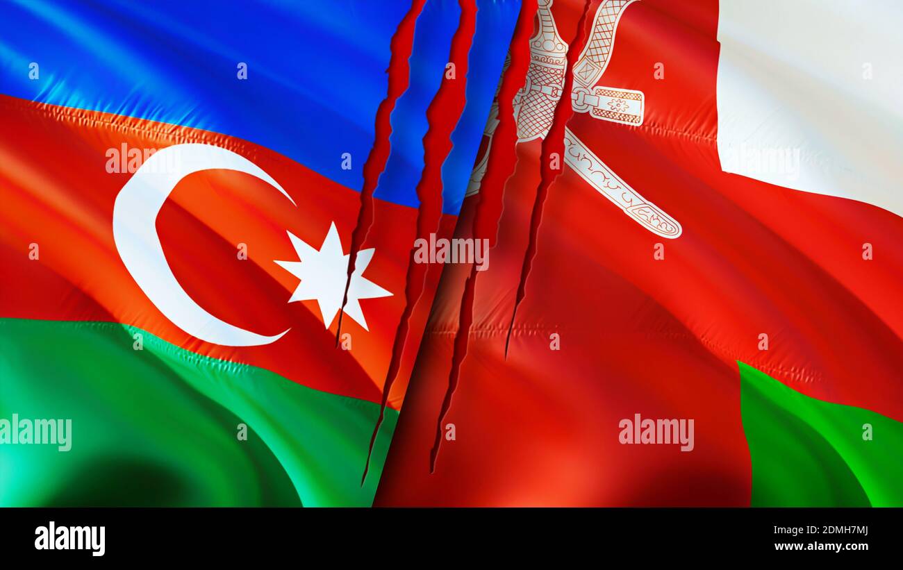 Azerbaijan and Oman flags with scar concept. Waving flag,3D rendering ...