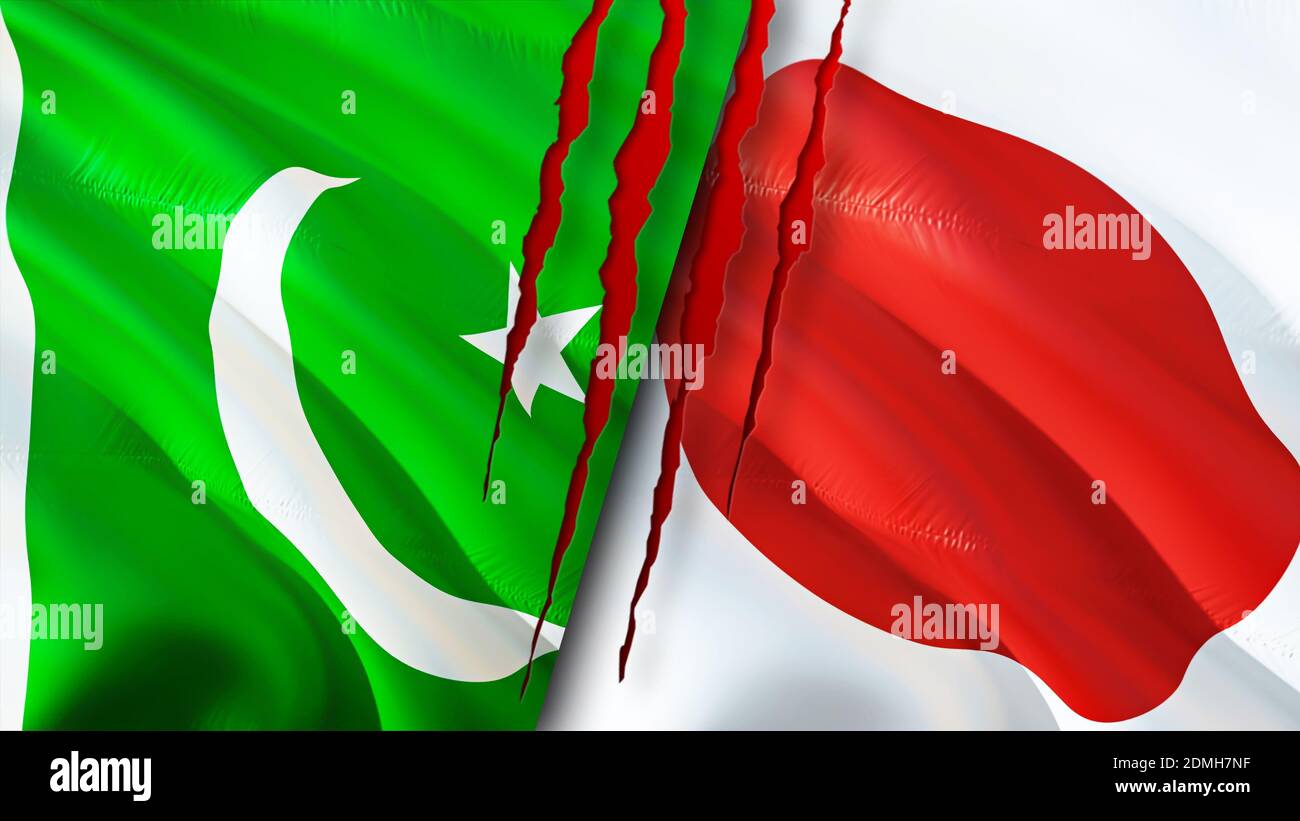 Pakistan and Japan flags with scar concept. Waving flag,3D rendering ...