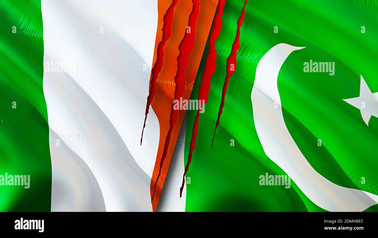 Ireland and Pakistan flags with scar concept. Waving flag 3D rendering ...
