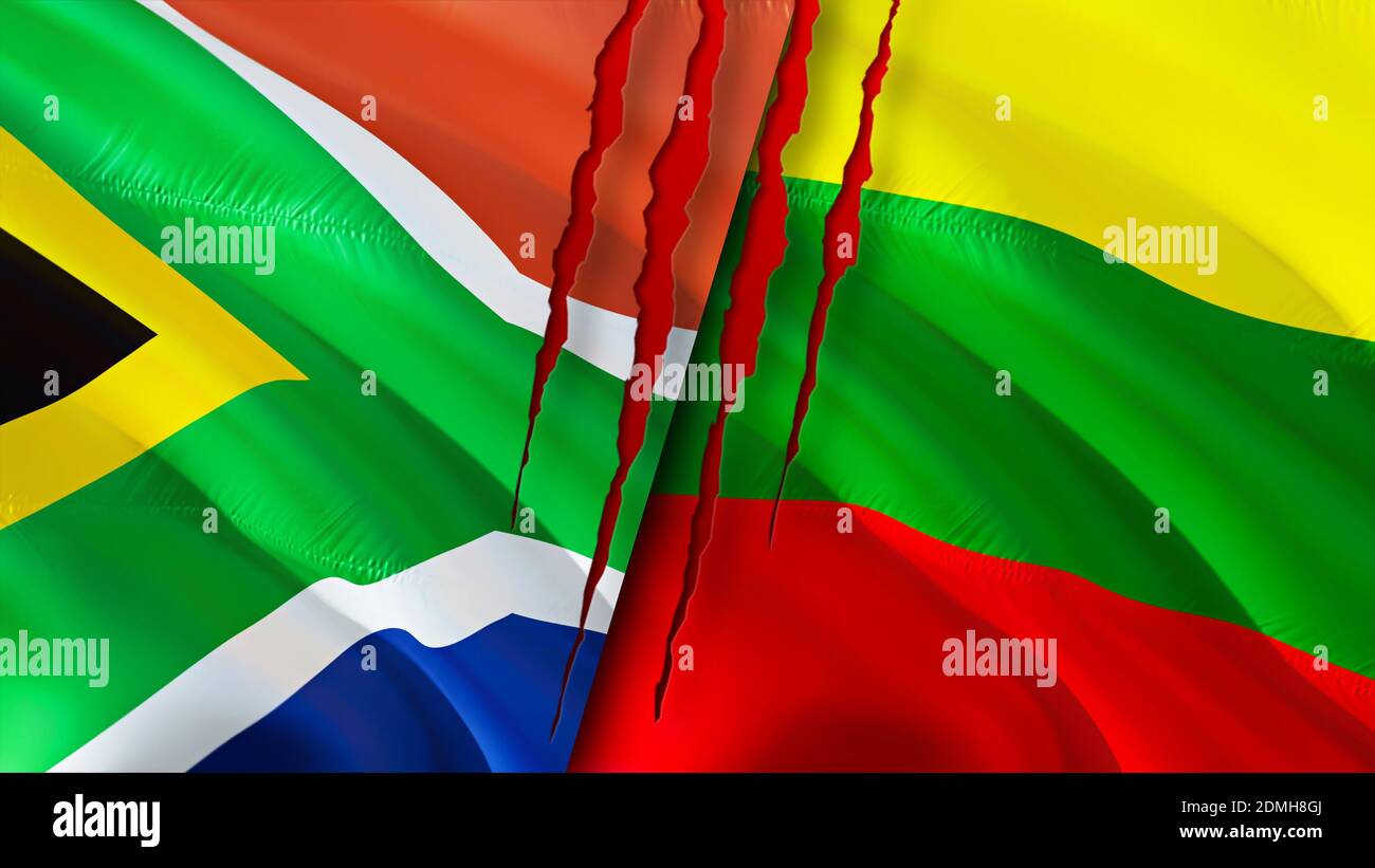 South Africa and Lithuania flags with scar concept. Waving flag,3D ...