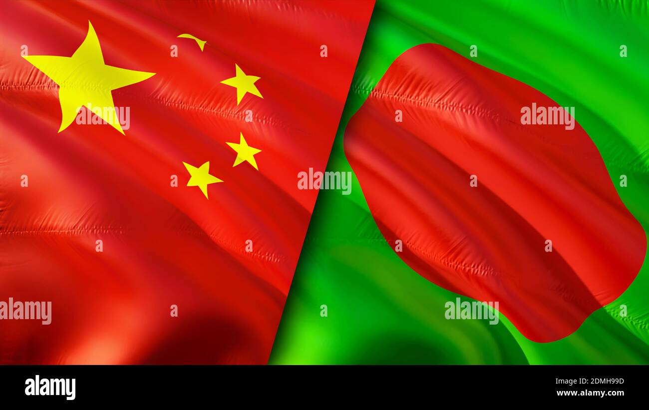 China and Bangladesh flags. 3D Waving flag design. China Bangladesh ...