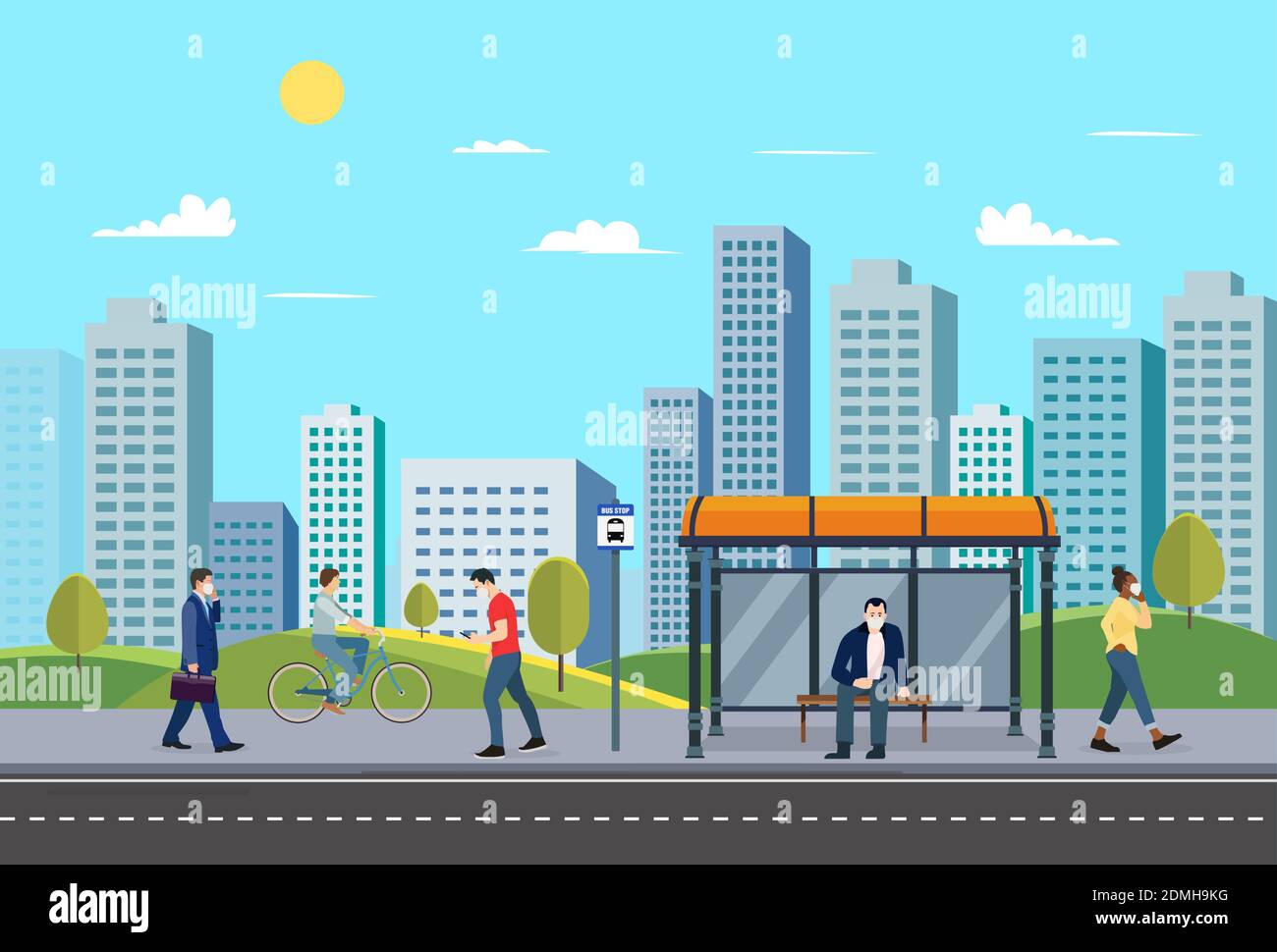 People at Bus stop with street urban.Public park with city people and ...