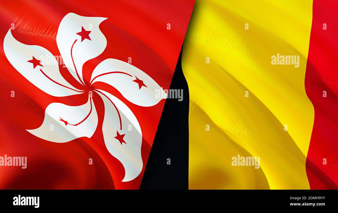 Hong Kong and Belgium flags. 3D Waving flag design. Hong Kong Belgium ...