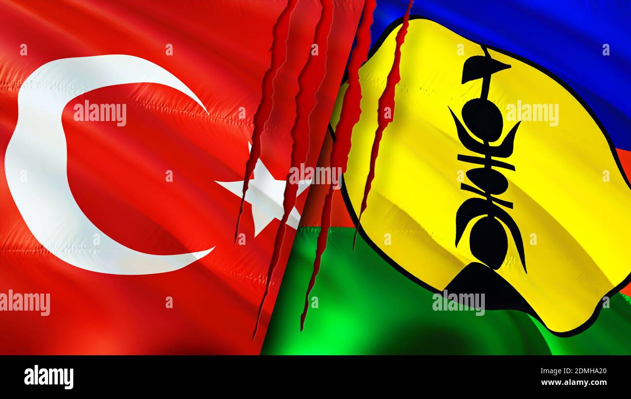 Turkey and New Caledonia flags with scar concept. Waving flag,3D ...