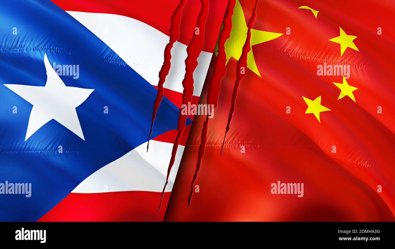 Puerto Rico and China flags with scar concept. Waving flag,3D rendering ...