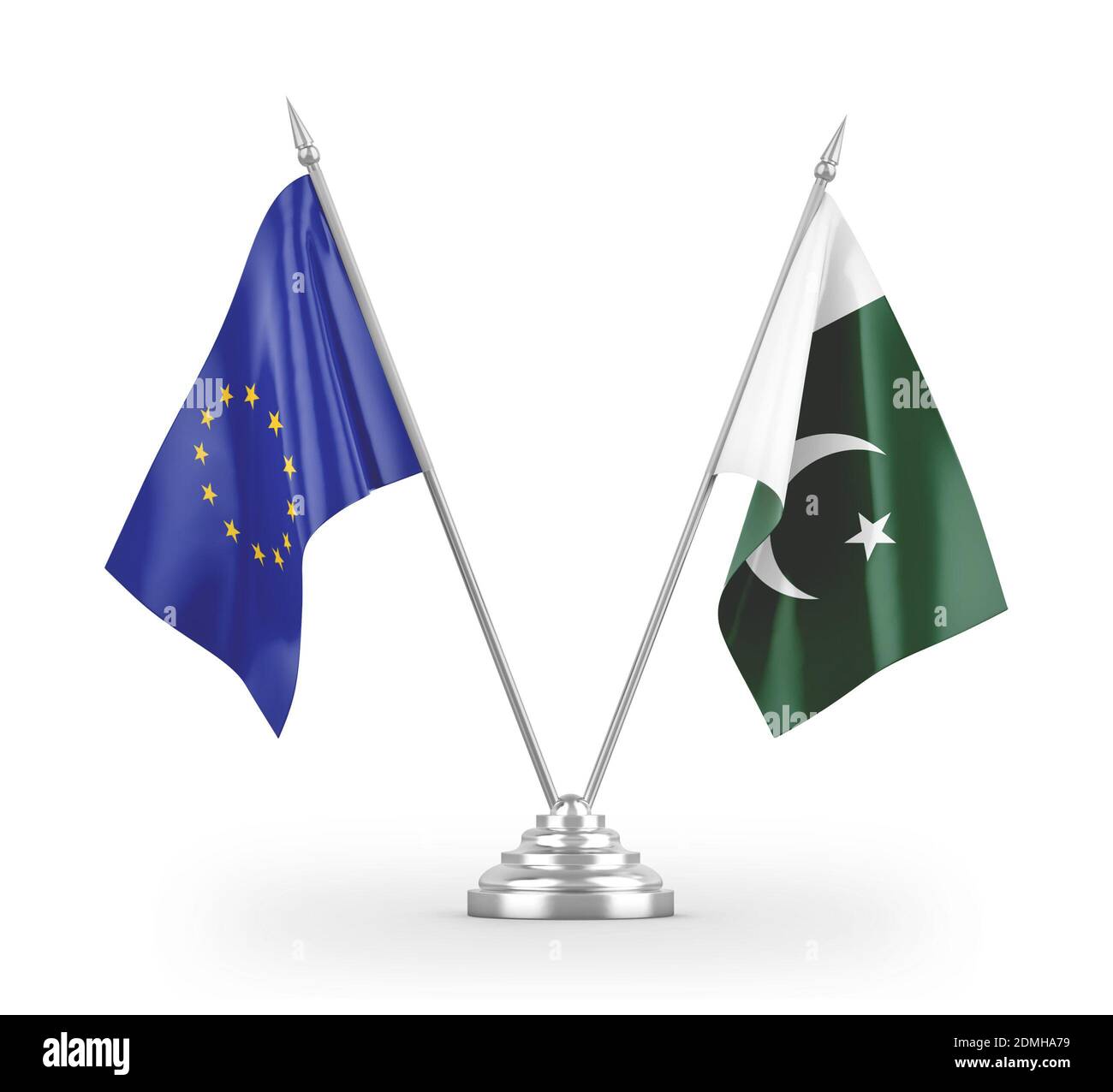 Pakistan and European Union table flags isolated on white 3D rendering ...