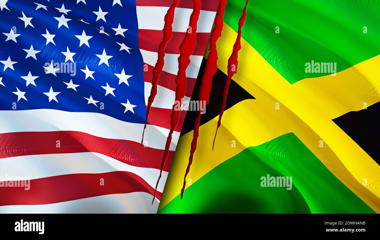 USA and Jamaica flags with scar concept. Waving flag,3D rendering. USA ...