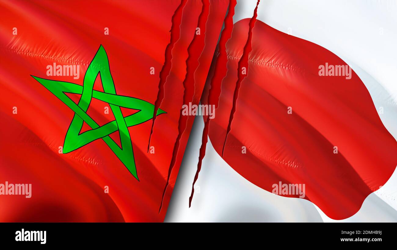 Morocco and Japan flags with scar concept. Waving flag,3D rendering ...
