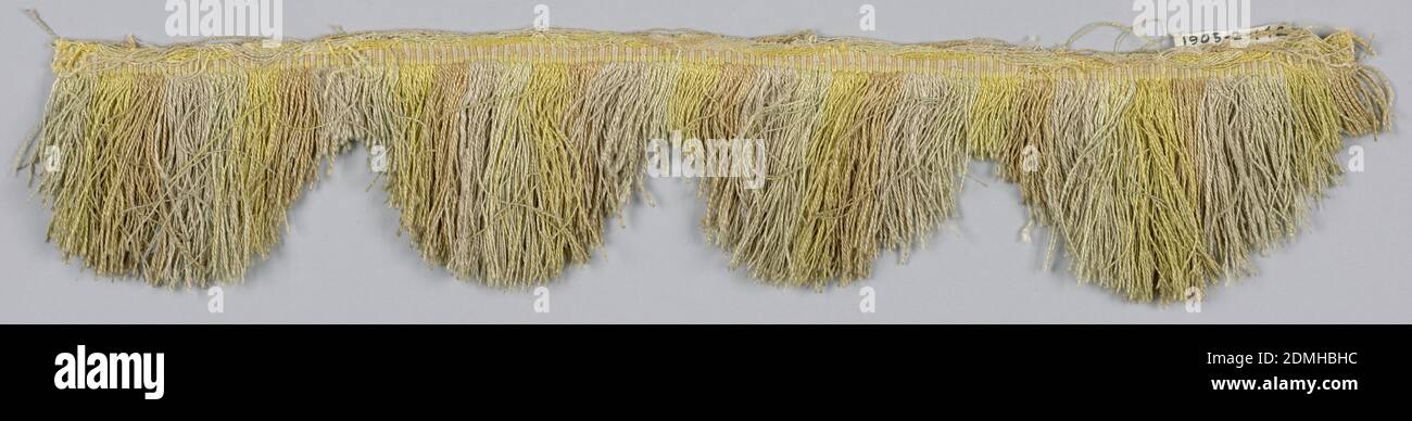 Fringe, Medium: silk Technique: woven, Fringe in yellow, pink and white ...