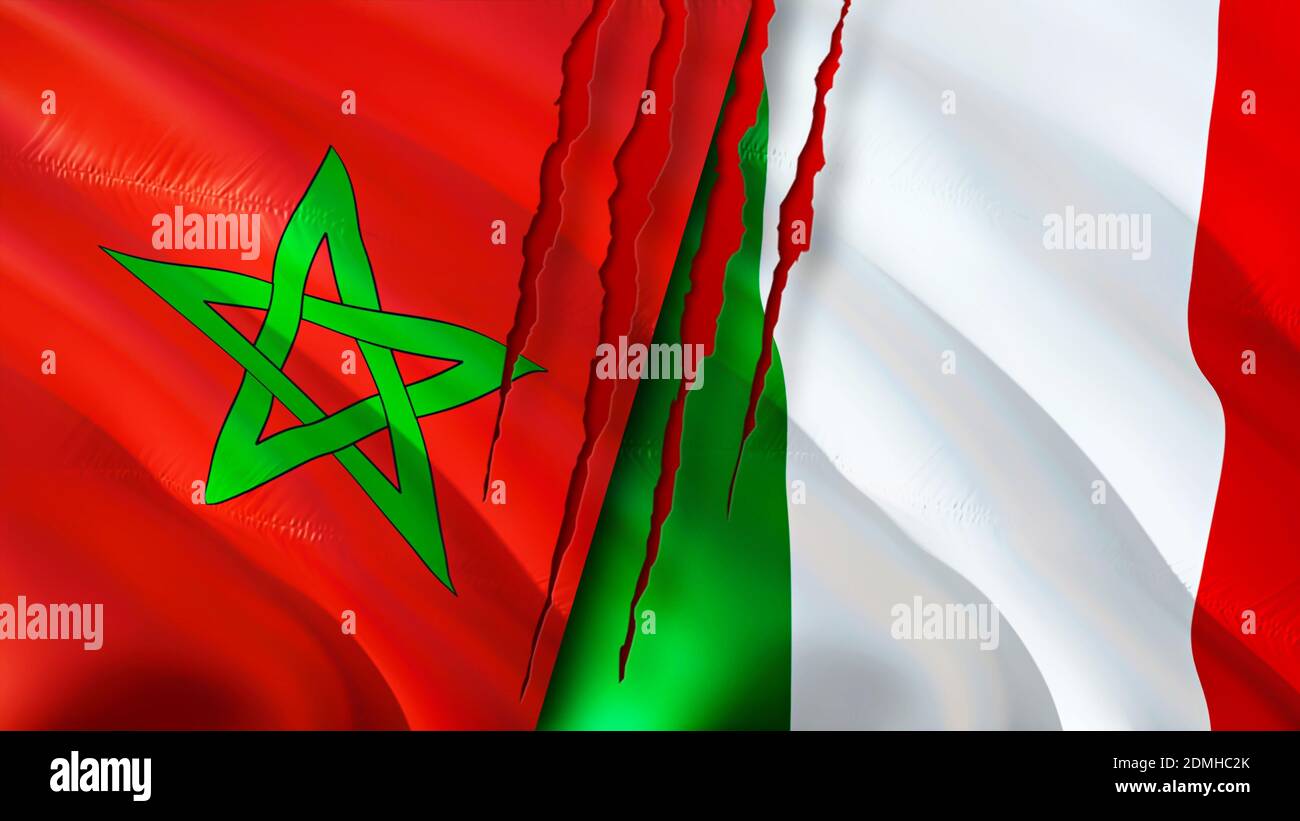 Morocco and Italy flags with scar concept. Waving flag,3D rendering ...