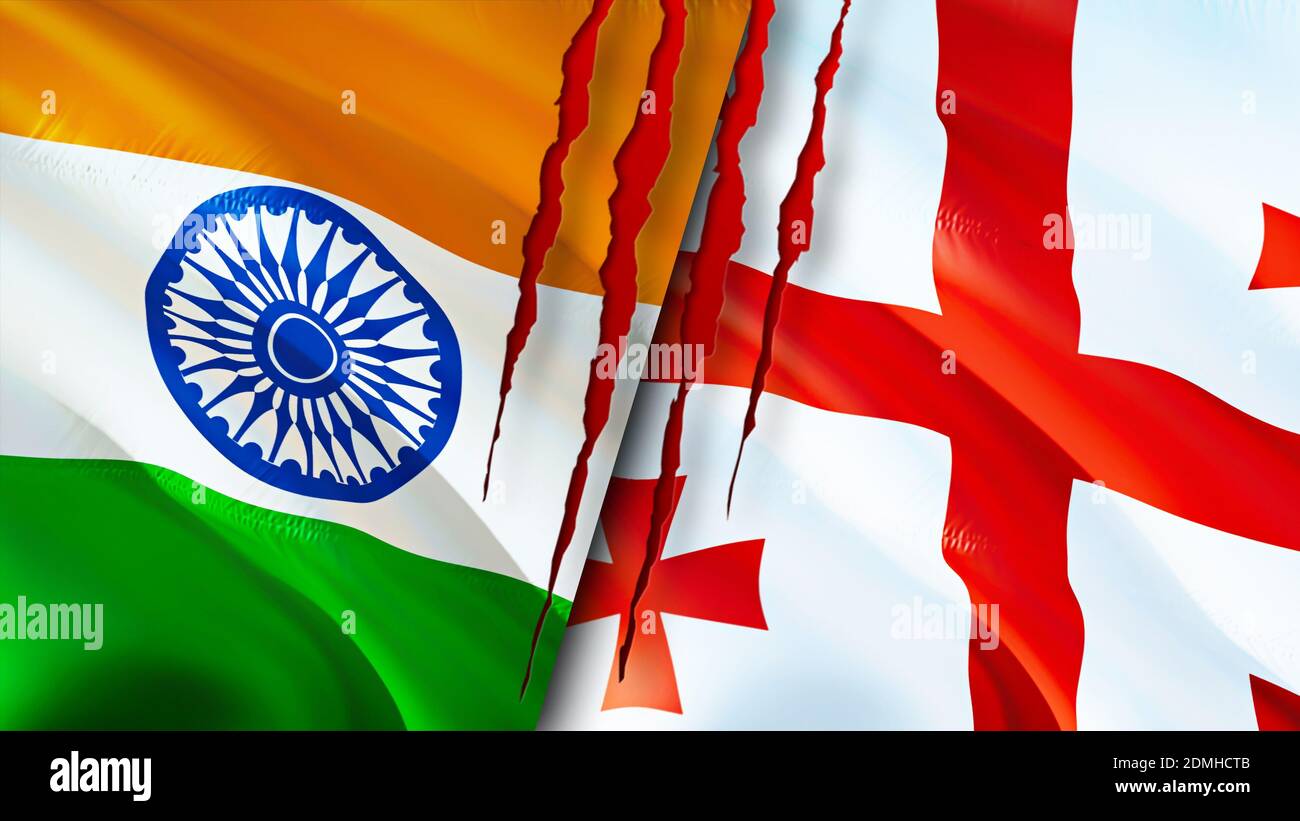 India and Georgia flags with scar concept. Waving flag,3D rendering ...