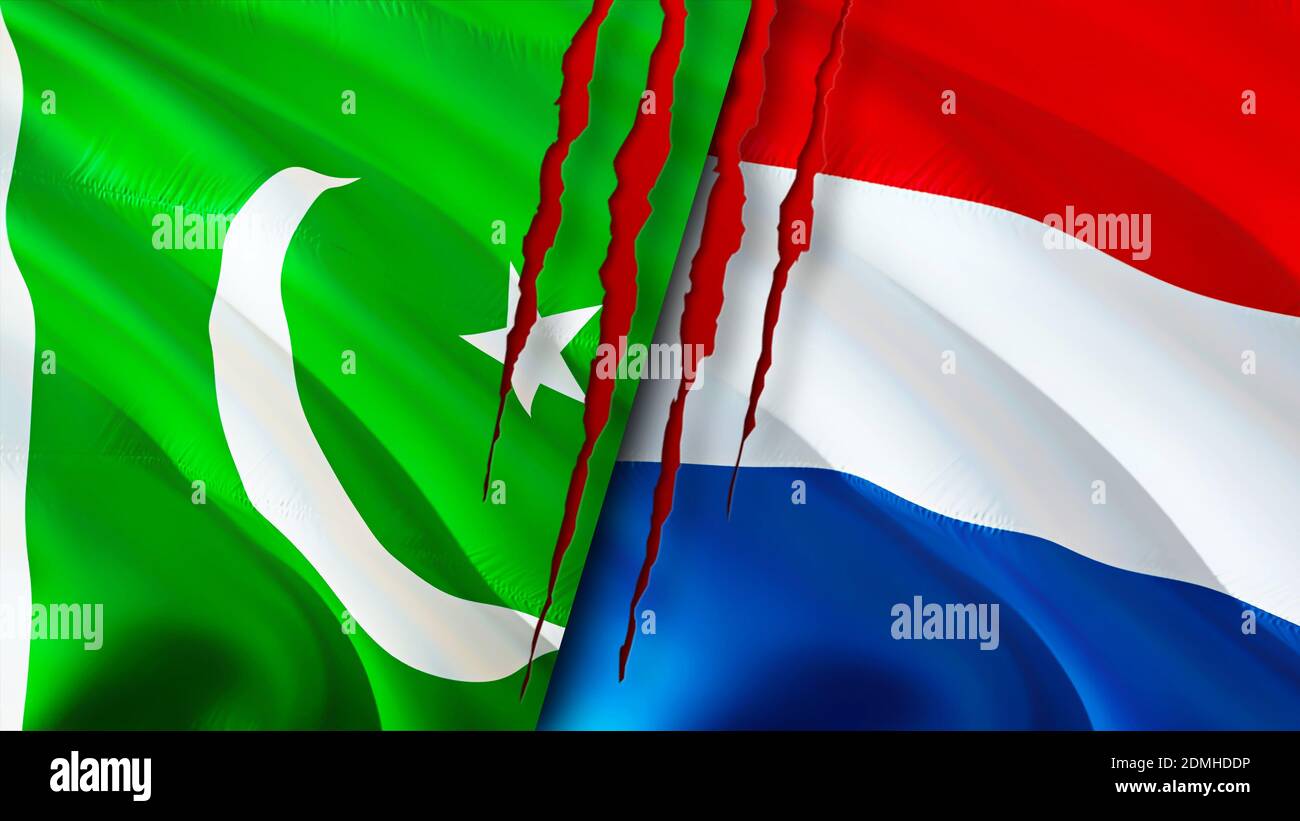 Pakistan and Netherlands flags with scar concept. Waving flag,3D ...