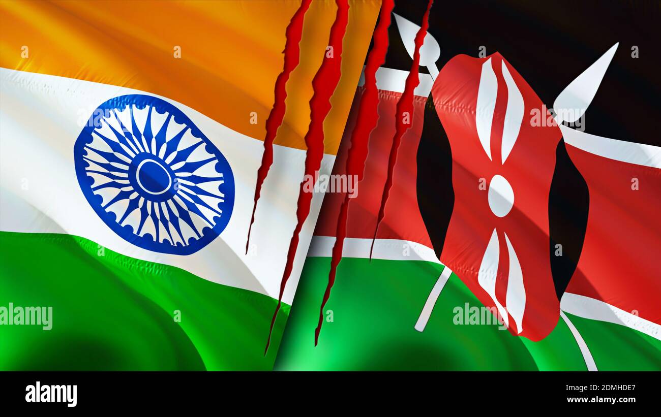 India and Kenya flags with scar concept. Waving flag,3D rendering ...